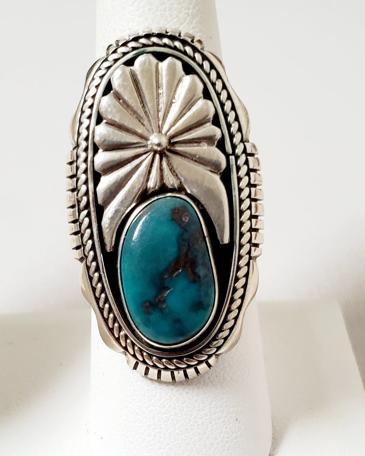CWR211 Turquoise Ring with detailed silver work, twist wire and saw wo ...