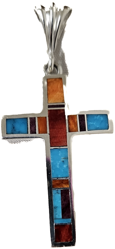 RT13 Inlayed cross pendant of mixed turquoise and spiny oyster shell ...
